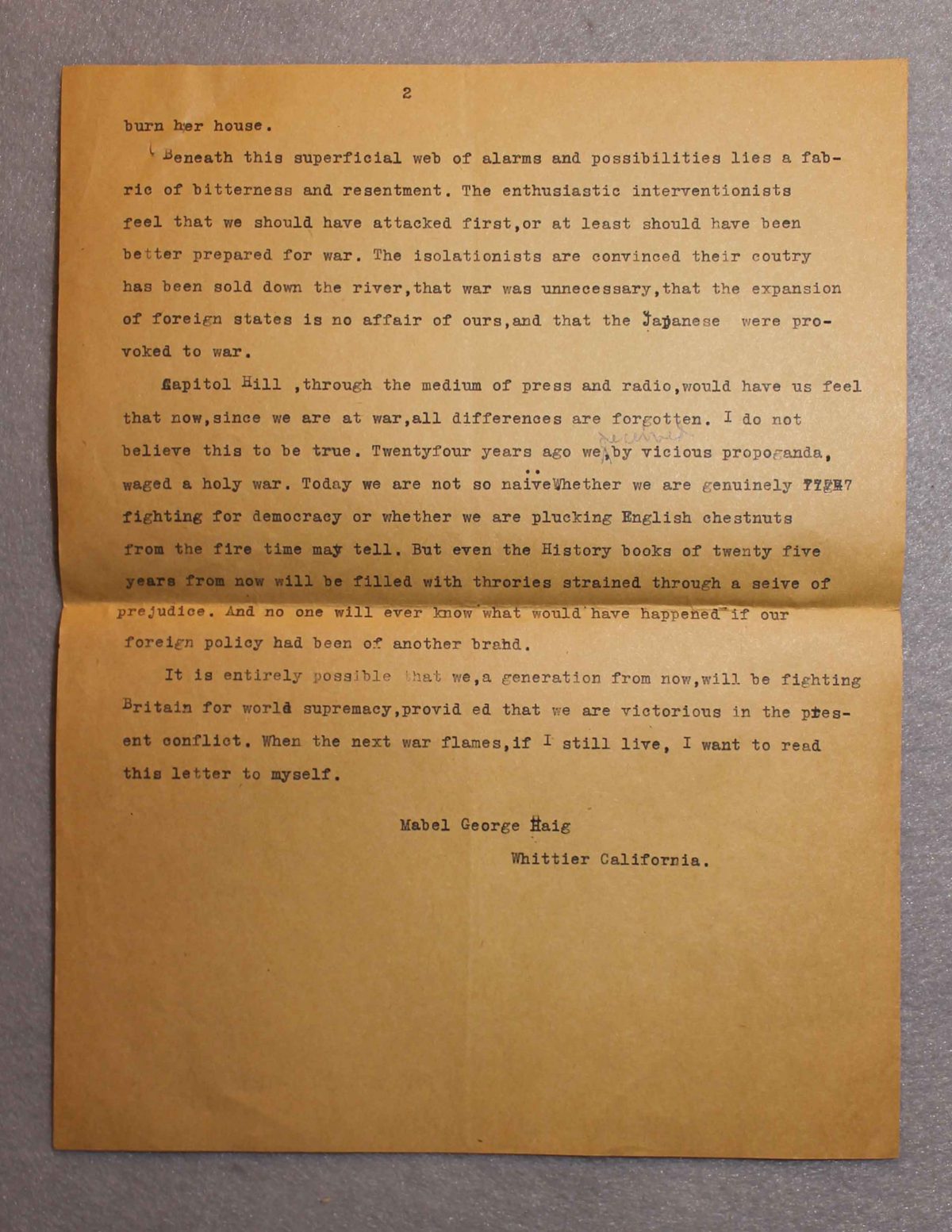 Mabel George Haig’s Post Pearl Harbor Letter | Whittier Museum